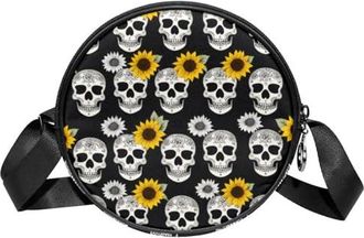Generic Petit sac &agrave; bandouli&egrave;re circulaire pour femme, motif cr&acirc;nes, fleurs, petit sac &agrave; bandouli&egrave;re avec fermeture &eacute;clair, bretelles r&eacute;glables, sac &agrave; main ro