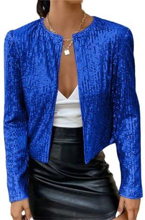 TOMWELL Femmes Mode Col Montant Paillettes Manteau Court Casual Manches Longues Manteau Slim Fit Veste De Costume Couleur Unie Jacket Cardigan Clubwear A Bleu