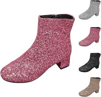 Generic Bottines &agrave; paillettes pour femme avec strass et talons &eacute;pais avec fermeture &eacute;clair lat&eacute;rale, bout rond, talon bloc bas, court, habill&eacute;, confortable, d