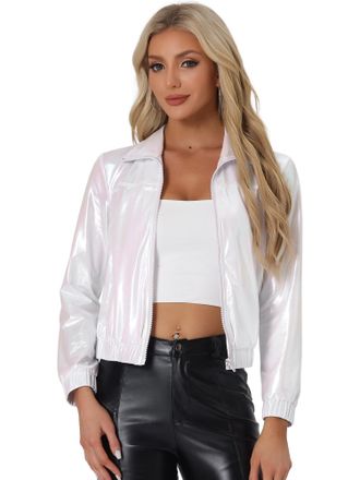 Allegra K Holografische gl&auml;nzende Damen-Jacke, lang&auml;rmelig, leicht, mit Rei&szlig;verschluss, metallisch, Wei&szlig;es Holografisch, L