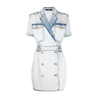 Balmain Robe Courte Ceintur&eacute;e en Denim - Femme - Robes - Bleu - Taille: 34 FR