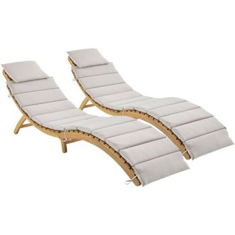 Sweeek Lot de 2 bains de soleil en bois dacacia LAURE avec coussin beige en polyester. 184 x 55 x 63.5 cm