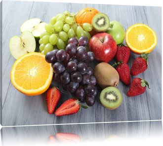 Pixxprint Bunte Obstmischung auf edlem Holztisch, Größe: 100x70cm, Leinwandbild, fertig gespannt, Wandbild, Dekoration, Kunstdruck, kein Poster