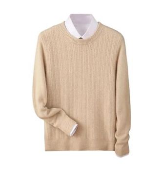 Generic Pull en laine unie à manches longues pour homme - Couleur unie - Tricot décontracté - Col rond - Pull en cachemire, beige, 3XL