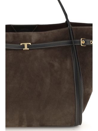 Tod's Womens Tote Bag Suede Brown Calf Leather Shoulder