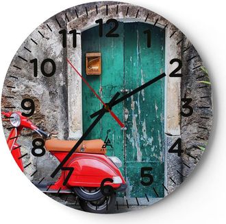 Arttor Modern Wanduhr Scooter Transport Italien Retro 40x40cm Rund Gro&szlig; Wand Uhr Glas Analog Zimmeruhren K&uuml;che B&uuml;ro Wohnzimmer Glasuhr Wall Clock Dekoration 