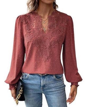 Onsoyours Chemisier Femme Chic Et &Eacute;l&eacute;gant T-Shirts Manches Longues Gaufrette Waffle Haut Dentelle Col Rond Femme Blouse Pullover Casual Tops A Rouge Clair XL