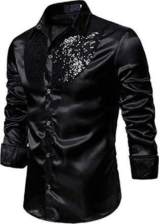 Generic Chemise Disco Homme &agrave; Paillettes, T Shirt Manche Longue Homme Col Revers-Haut Paillette Grande Taille Boutonni&egrave;Re Sequins Brillante Classique Haut pou
