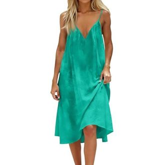 Generic Robe de plage pour femme - Robe d&eacute;t&eacute; mi-longue &agrave; bretelles spaghetti - Col en V - Dos profond - D&eacute;contract&eacute;e - M&eacute;lange de coton doux - Robe d&eacute;t&eacute; fluid
