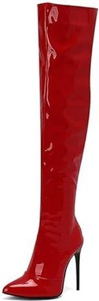 Generic Bottes au-dessus du genou avec fermeture &eacute;clair lat&eacute;rale pour femme, haute &eacute;lasticit&eacute;, &agrave; enfiler, escarpins, chaussures de danse en bo&icirc;te de nuit, Rou