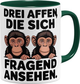 OM3 witzige Kaffee-Tasse mit Spruch - Drei Affen, die sich fragend ansehen | Keramik Becher | 325ml | Beidseitig Bedruckt | Grün