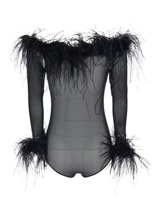 Twentyfourhaitch Womens Black Top With Boat Neck And Feathers Nylon Tops