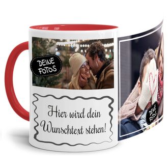 Tassendruck Foto-Tasse selbst gestalten mit Text & Collage f&uuml;r 2 Fotos - Geschenk f&uuml;r Familie, Freunde, Geburtstag, Weihnachten - Keramik Innen & Henkel Rot, 300 