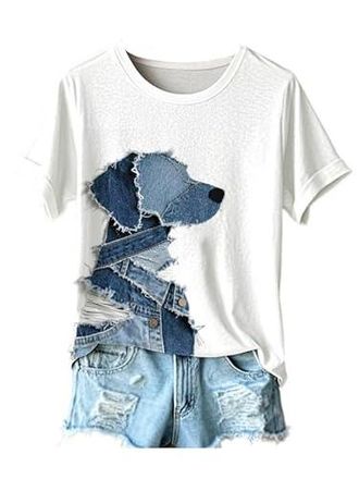 Keephen T-Shirt d&eacute;t&eacute; &agrave; col Rond pour Femmes Imprim&eacute; en 3D dun Chat et dun Chien V&ecirc;tements &eacute;l&eacute;gants &agrave; Manches Courtes Streetwear surdimensionn&eacute;s