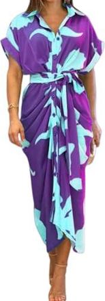 Generic Robe longue d&eacute;t&eacute; boh&egrave;me &agrave; motif floral pour femme, boutonn&eacute;e, manches chauve-souris, ceinture fronc&eacute;e, robe de plage et de vacances, violet, XXL
