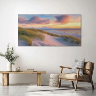 Generic Leinwand Bilder 160 x 80 cm (L x B) f&uuml;r Schlafzimmer Wohnzimmer Deko, Strand D&uuml;nen Grashaufen Kunstdruck Wandbild, Orange Wolken Moderne Wand Dekorati