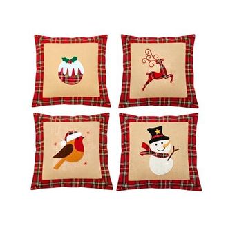 Shatchi Set mit 4 Kissenbez&uuml;gen, Rentiere, Schneemann, Rotkehlchen, Weihnachtspudding, bedrucktes Muster, Kissenbez&uuml;ge, Sackleinen, Baumwolle, Leinen, Sofa, B