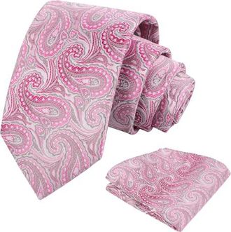 Alizeal Ensemble cravate jacquard cachemire et poche carr&eacute;e classique r&eacute;tro daffaires d&eacute;contract&eacute; pour homme, rose clair, taille unique