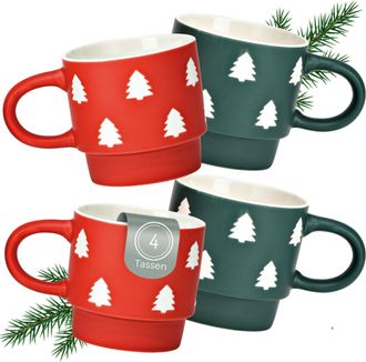 Matches 21 Tassen 4er Set Rot/Gr&uuml;n mit Tannenbaum Motiv 300 ml - Kaffeetassen perfekt f&uuml;r Weihnachtsm&auml;rkte