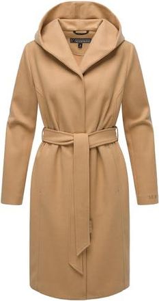 Marikoo Kailii Manteau de transition long pour femme - Trench léger aspect laine avec ceinture et capuche - 16 XS à 3XL, camel, 3XL