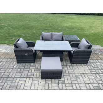 Fimous Polyrattan Gartenm&ouml;bel im Freien Set H&ouml;henverstellbarer aufsteigender Esstisch Liebe Sofa mit Beistelltisch Stuhl Gro&szlig;er Fu&szlig;hocker - Fimous