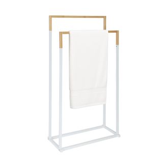 Relaxdays Handtuchständer, HxBxT: 84,5 x 45 x 21 cm, Metall, Bambus, 2 Stangen, stehender Handtuchhalter, weiß/Natur