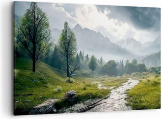 Arttor Wandbilder Dekoration Wohnzimmer Berglandschaft Fluss Wald Bilder auf Leinwand 120x80cm Leinwandbild Schlafzimmer K&uuml;che Deko Wand Kunstdruck Art Gro&szlig; 