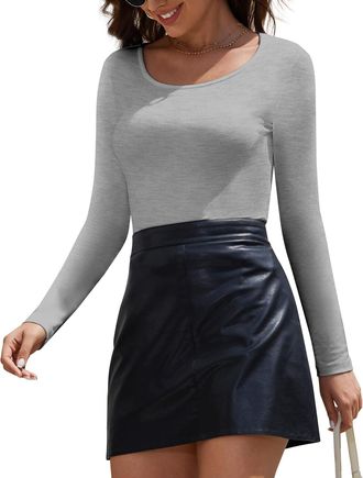 Joyshaper Damen Rundhalsausschnitt Langarmteeshirt Langarm Unterhemd Basic Lang&auml;rmeliges T-Shirt mit Rundhalsausschnitt f&uuml;r Damens 2 Hellgrau/U Neck L