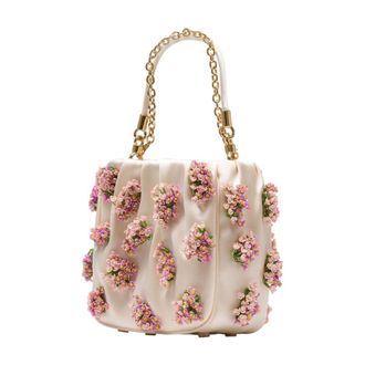 Self Portrait Womens Floral Beaded Shoulder Bag Beige Raffia