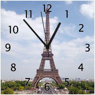 Wallario Design-Wanduhr Eiffelturm in Paris aus Glas, Motiv-Uhr Gr&ouml;&szlig;e 30 x 30 cm, Schwarze Zeiger