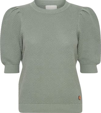 Oxmo OXMicha Pullover Damen T-Shirt Kurzarm Shirt O-Neck halblange Ärmel Kurzarm Rippbündchen Struktur-Strick mit Holz-Detail, Größe:M, Farbe:Sea Spray (17