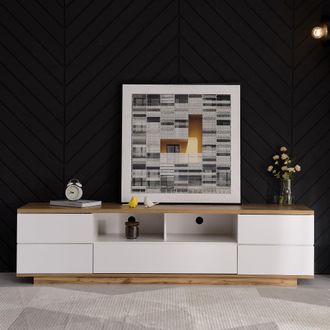 Generic TV-Lowboard 180x46x38 cm Wei&szlig; Holzoptik mit Gittert&uuml;ren, 5 T&uuml;ren, 2 offenen F&auml;chern, TV-Schrank bis 80 Zoll, Fernsehschrank Sideboard Medienboard Wohn