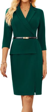 Grace Karin Damen Business Kleid Elegant B&uuml;ro Etuikleid V-Ausschnitt 3/4 &Auml;rmel Cocktailkleid mit G&uuml;rtel Dunkelgr&uuml;n 2XL