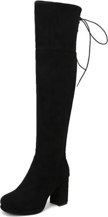 SJJH Bottes hautes &agrave; talon bloc | Bottes &eacute;l&eacute;gantes pour femme pour lautomne et lhiver, 8,5 cm de hauteur, doublure chaude, Noir, 34 EU