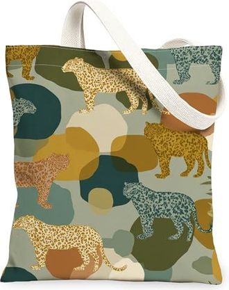 Generic Sac fourre-tout en toile imprim&eacute; l&eacute;opard, sac &agrave; provisions r&eacute;utilisable, l&eacute;ger et lavable, motif animal color&eacute;, multicolore, 13x15 Inch