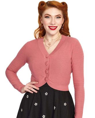 Voodoo Vixen Strickjacke Pink Textured Crop Cardigan Retro Vintage Bauchfrei