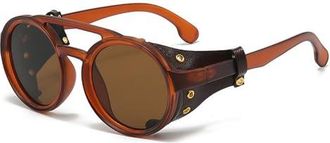 Generic 2026 Nouvelles lunettes de soleil steampunk pour hommes mode bordure en cuir décoration tendance lunettes de soleil à monture ronde, C5, Taille unique