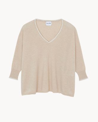 Kujten Pull cachemire col v oversize piqure contrast&eacute;e - Pull Aminie