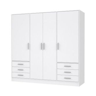 Les Tendances Les Tendances - Armoire moderne 4 portes battantes 6 tiroirs - Finition blanc mat - Dimensions L 206,5 x P 60 x H 200 cm - Tringle &agrave; habits incluse