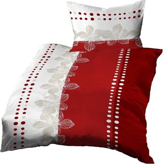 Gerald Wittmann Bettwäsche 140x200 cm + 70x90 cm, Baumwolle Waffel-Piqué, Blumen Rot Weiß Grau