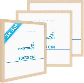 Photolini Bilderrahmen 30x30 Holz Natur aus MDF, 3er Set Poster-Bilderrahmen quadratisch 30x30, bruchsicheres Acrylglas, zum Aufhängen, extra Zubehör - für Foto