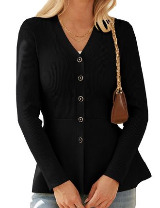 Grace Karin Pullover Damen Elegant V-Ausschnitt Knopfen Strickjacke Damen Elegant Business Büro Strick Pulli Schwarz S