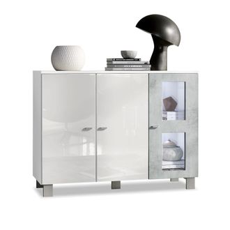 Vladon Sideboard Denjo, Made in Germany, Kommode mit 3 Türen, Weiß matt/Weiß Hochglanz/Beton Oxid-Optik, inkl. LED-Beleuchtung (107 x 81 x 35 cm)