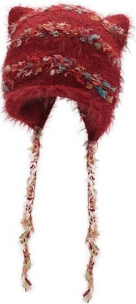 ZLYC Bonnet dhiver en Tricot avec Oreilles de Chat - pour Femme - Grunge, Pompon ray&eacute; Rouge, Taille Unique