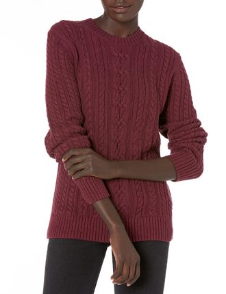 Amazon Essentials Damen Weicher Fisherman Cable Langarm-Pullover Mit Rundhalsausschnitt (In Übergröße Erhältlich), Dunkles Burgunderrot, M