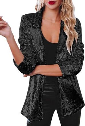 Minetom Femmes Paillettes Blazer Sequin Veste Casual Manches Longues Glitter Party Brillant Clubwear Soir&eacute;e Cocktail C&eacute;r&eacute;monie F&ecirc;te Danse Bal A Noir XXL