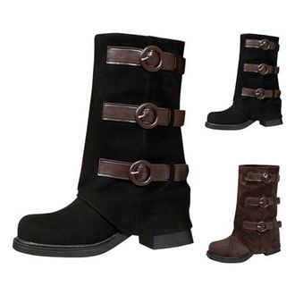 Generic Bottes pliables pour femme en daim &agrave; bout rond et boucle &agrave; enfiler - Chaussures hautes &agrave; talon bas - Chaussures dhiver antid&eacute;rapantes pour moto, Noir,