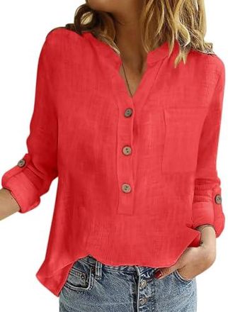 Onsoyours Chemisier Femme Manches Longues Décontracté Chic Vintage Coton et Lin Baggy Tops Casual Oversize Manche Longue Col en V Chemisie Rouge XXL