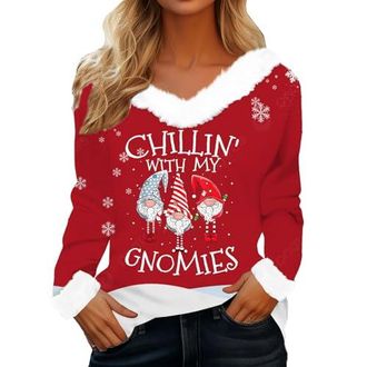 Generic Chemises pour femmes - Chemises de Noël à manches longues pour femme - Automne et hiver - Col en peluche - Imprimé de Noël - Ample - Décontracté - T-s