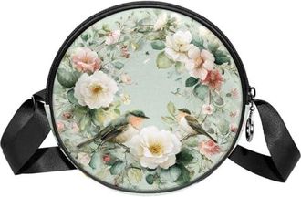 Generic Sac &agrave; bandouli&egrave;re circulaire pour femme, motif arbres, feuilles, oiseaux, joli petit sac &agrave; dos &agrave; bandouli&egrave;re avec fermeture &eacute;clair, bretelles r&eacute;glable